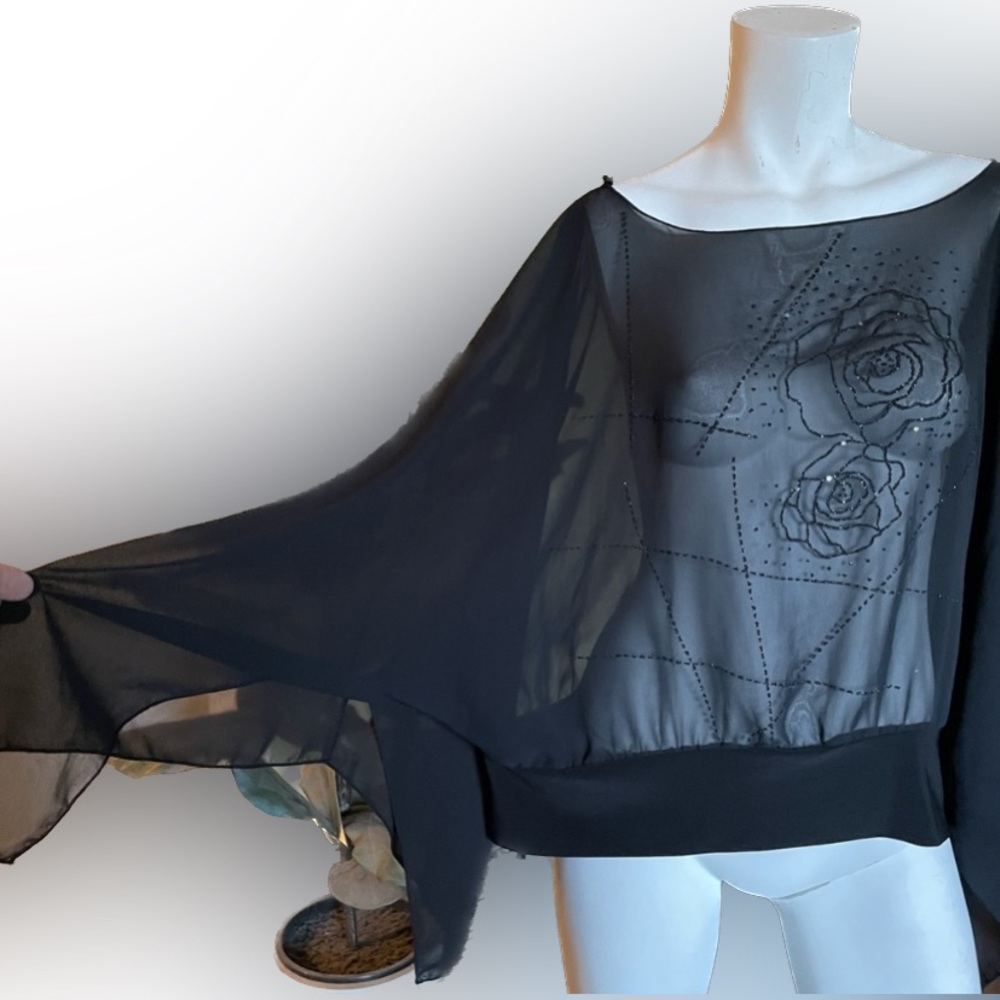 Ladies Sheer Bat Wing Blouse Sequin Rose Design Gothi… - Gem